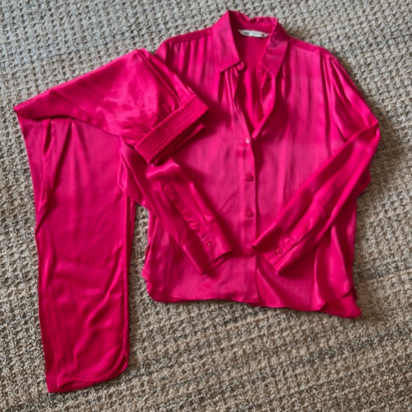 Zara | Pants & Jumpsuits | Zara Pink Satin Pants Shirt Set | Poshmark